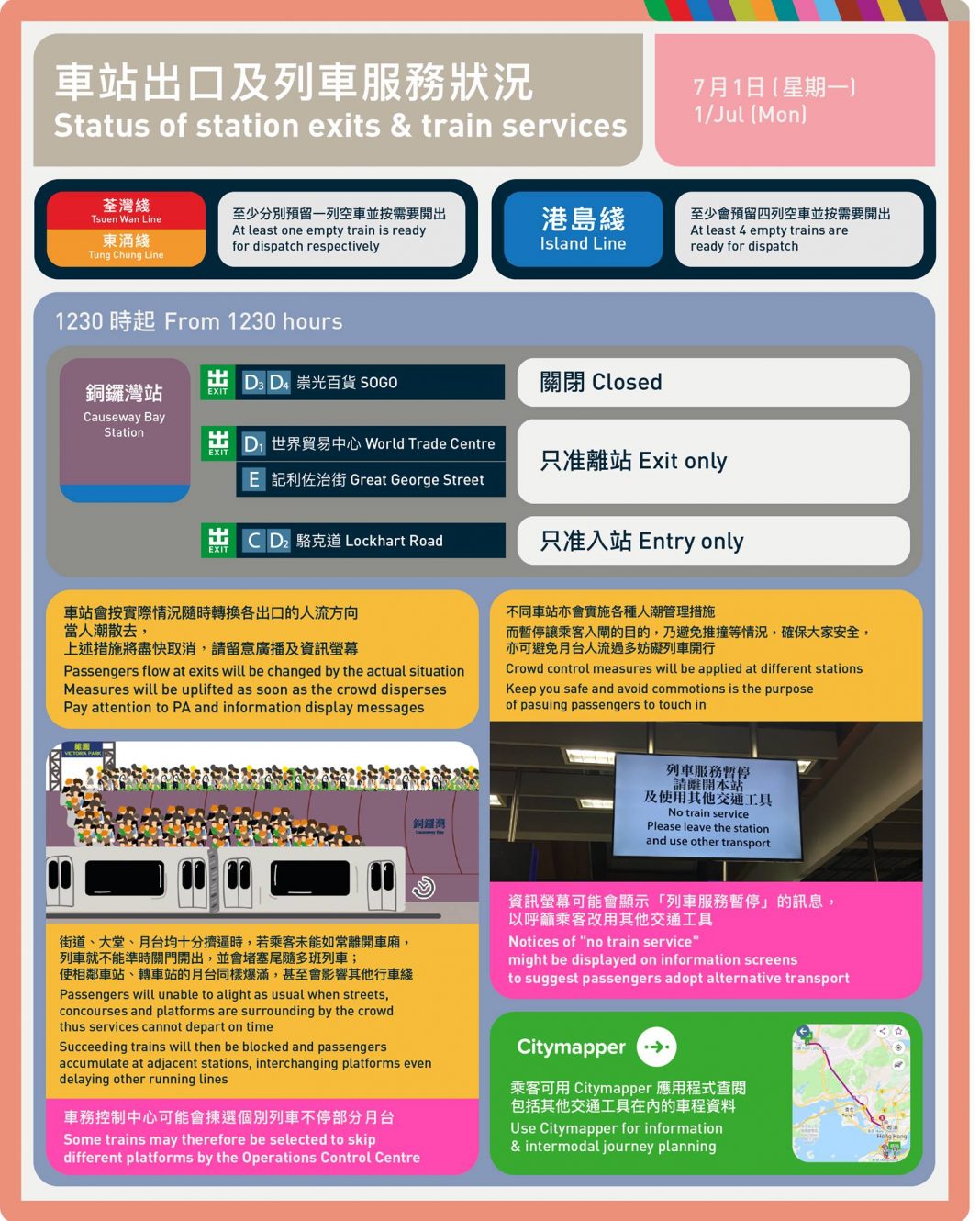 MTR Corp announces crowd control measure at Causeway Bay MTR Station ...