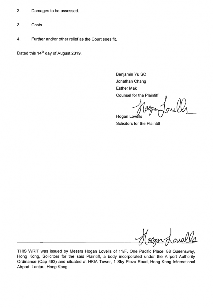 Full copies of the Writ of Summons filed by Airport Authority seeking ...