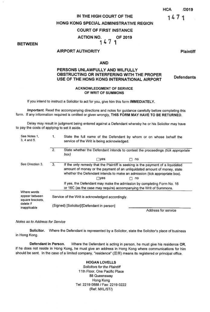Full copies of the Writ of Summons filed by Airport Authority seeking ...