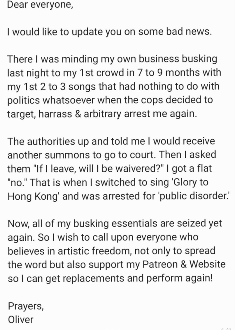 Oliver Ma, the street singer arrested again in Central after singing ...