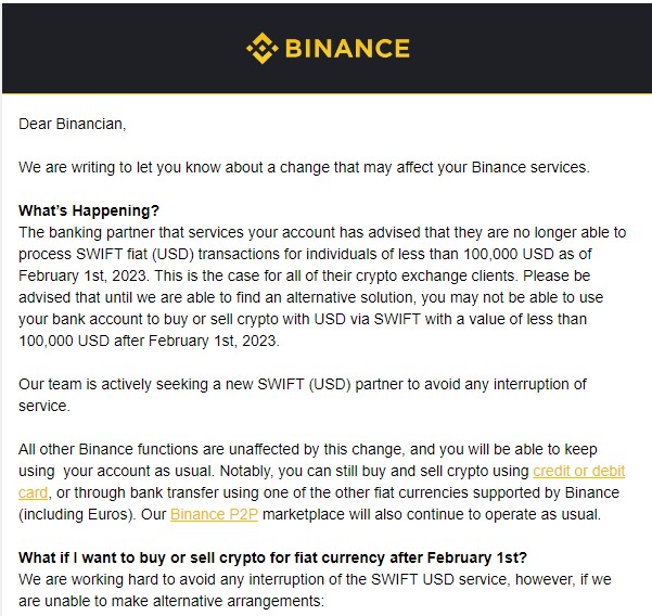Binance SWIFT banking partner set to ban USD transfers below US$100K ...