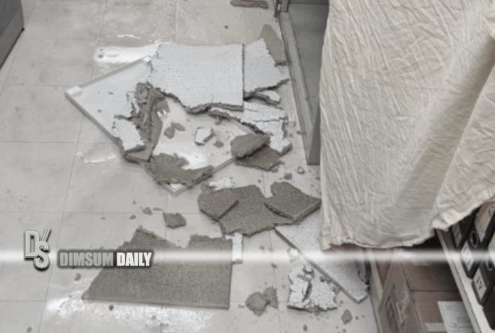 Collapsed false ceiling and severe water leakage allegedly found by ...