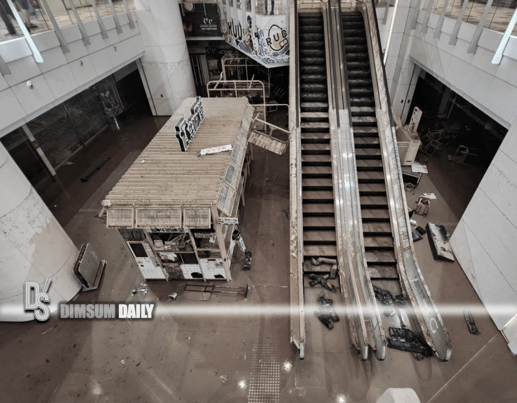 Post-storm scene at MTR Wong Tai Sin Station, dripping ceilings and ...