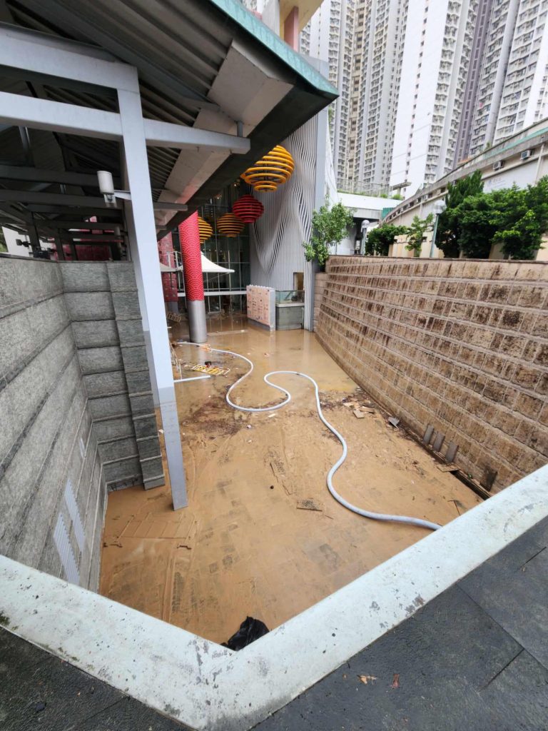 Post-storm scene at MTR Wong Tai Sin Station, dripping ceilings and ...