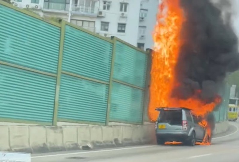 Land Rover SUV engulfed in flames on Lung Cheung Road, partial lane ...