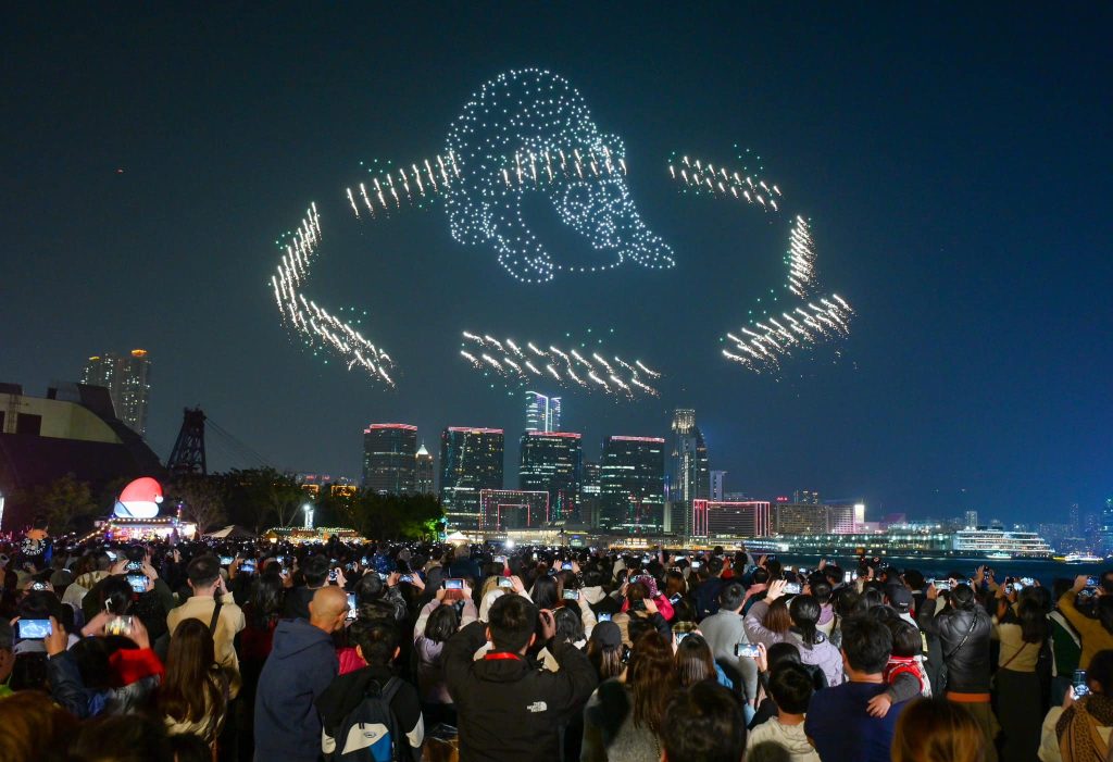 PANDA GO! Drone Show debuts with fireworks display above West Kowloon ...