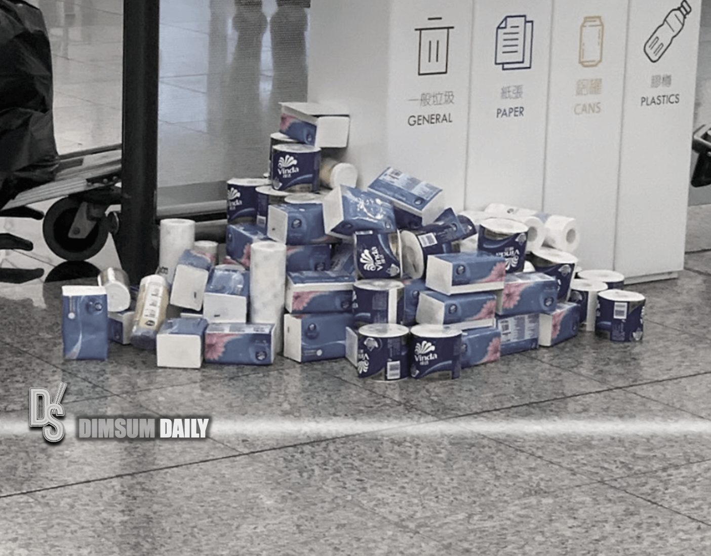 Piles of unopened tissues discarded at Hong Kong International Airport