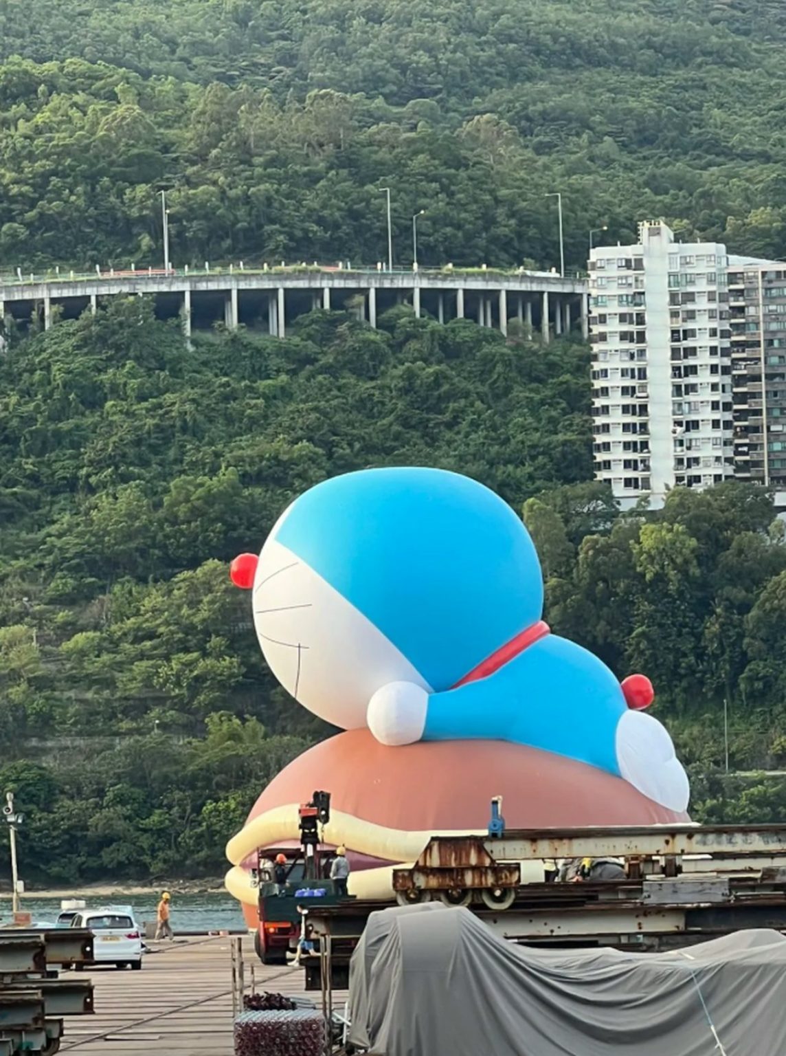 Giant Doraemon inflatable spotted in Tsing Yi ahead of major cultural event