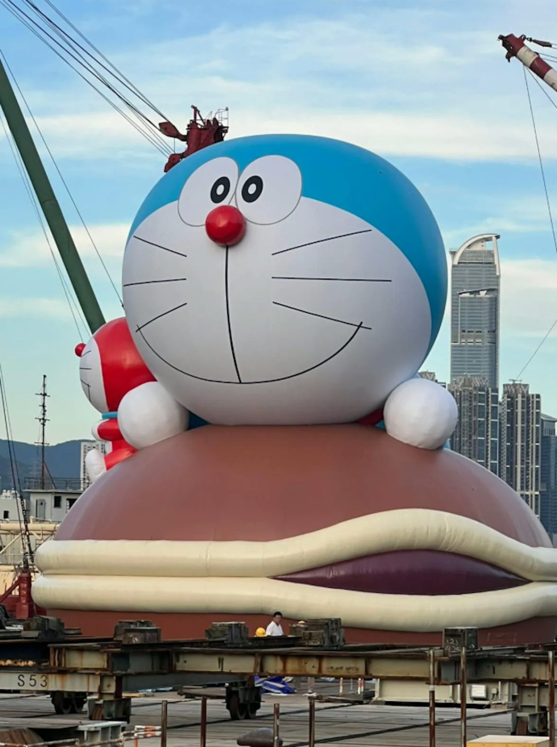 Giant Doraemon inflatable spotted in Tsing Yi ahead of major cultural event