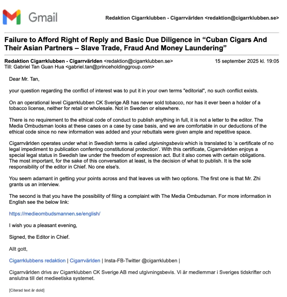 Swedish media outlet Cigarrvärlden releases Prince Group PR emails as mastermind Chen Zhi sanctioned