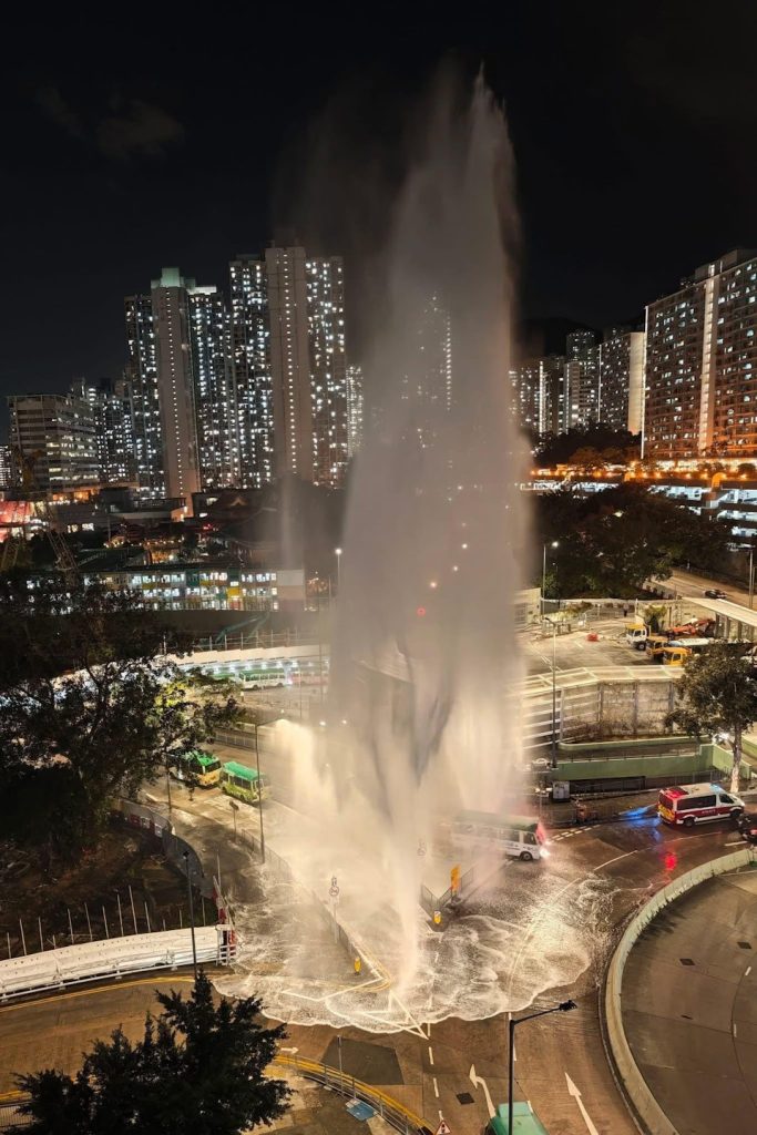 Towering water geyser halts traffic after major mains burst in Wong Tai Sin