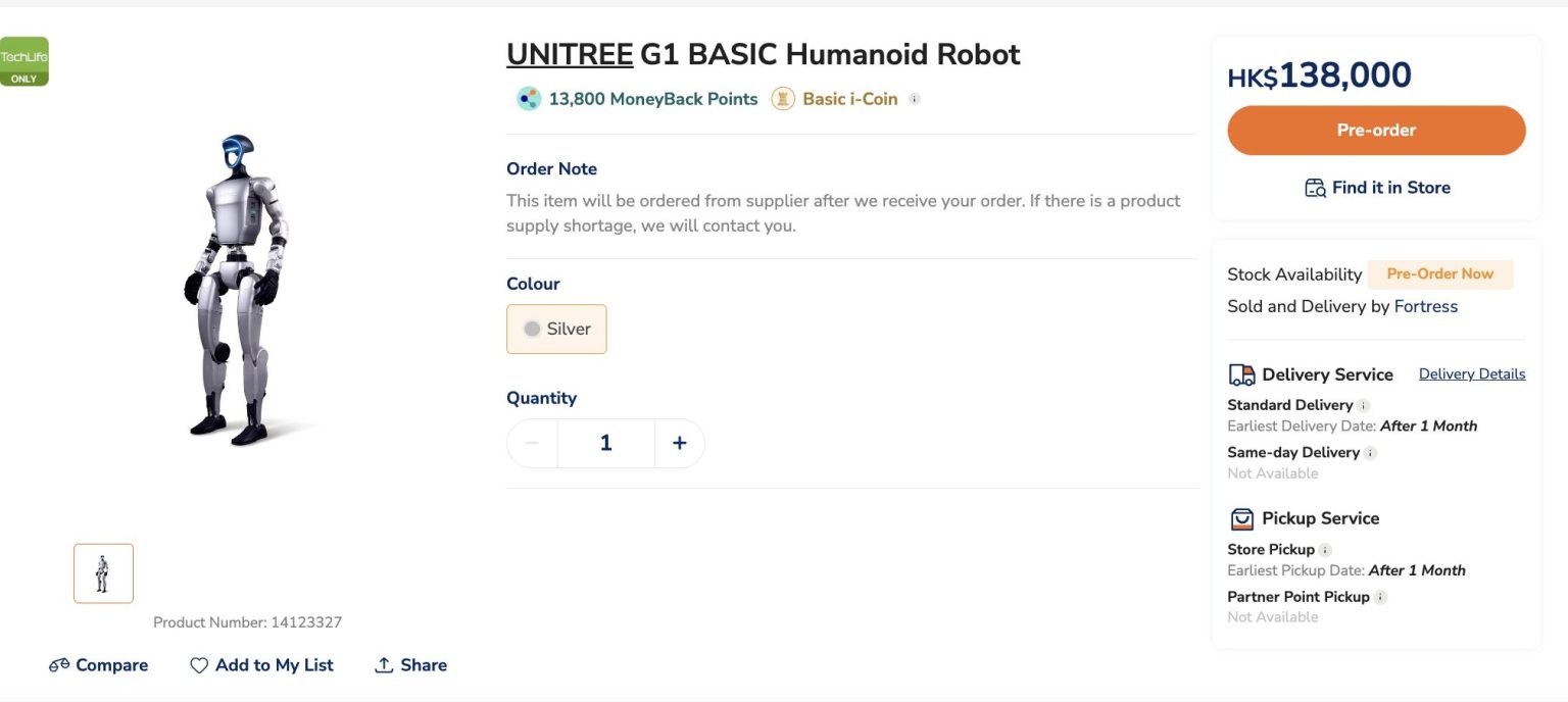 Unitree G1 robot opens for pre‑order at HK$138,000 from Fortress in ...